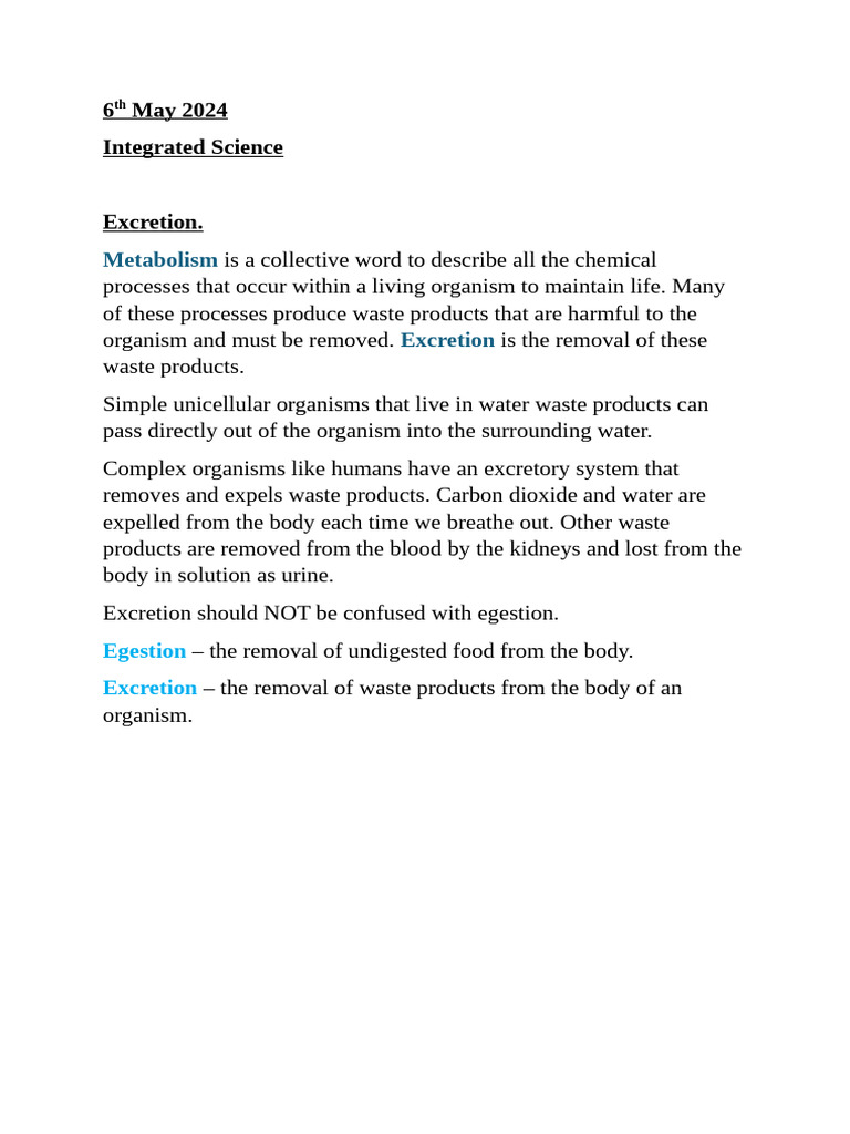 6th May 2024 Integrated Science Excretion AlexaRae | PDF