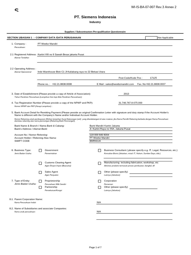 Annex 2.1 Prequalification Questionnaire Siement 2018 | PDF