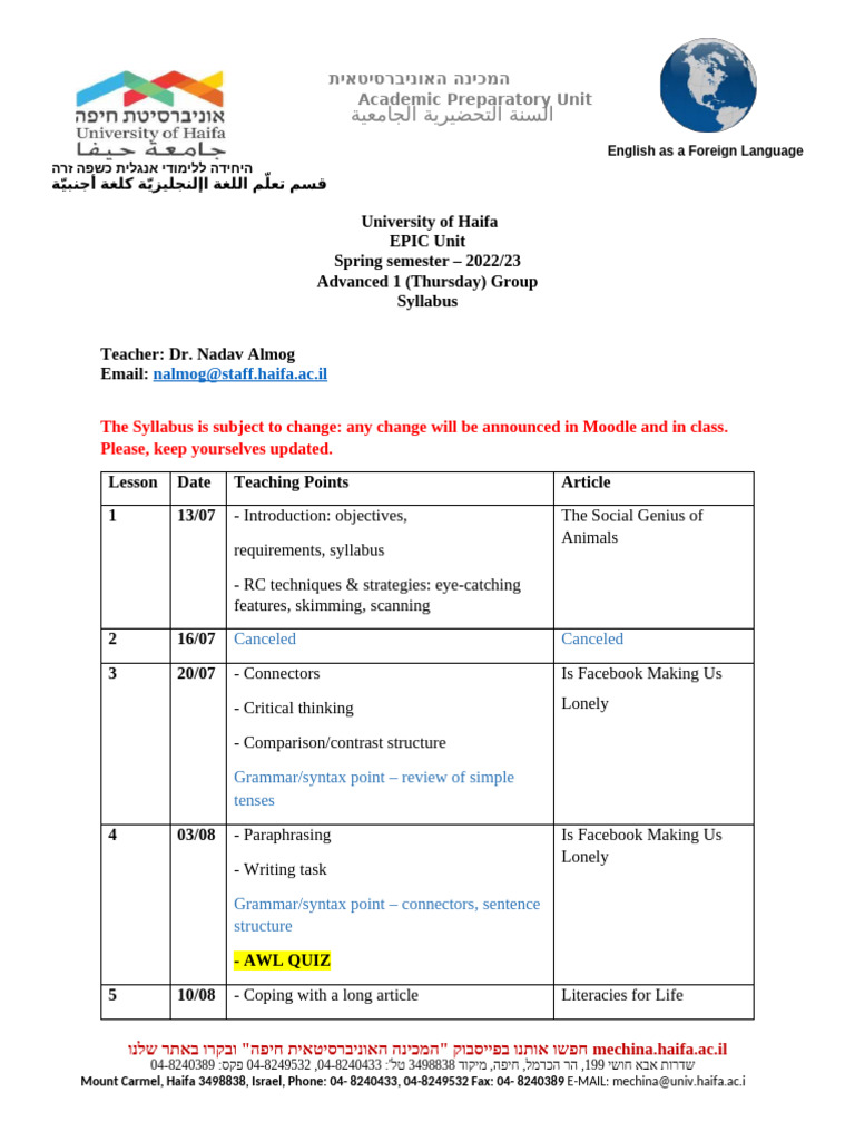 Syllabus - Advanced 1 - Summer Semester - 2023 2 | PDF