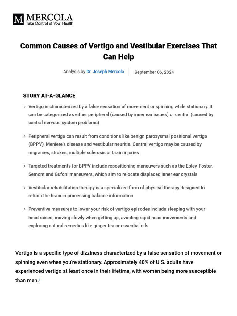 Causes of Vertigo and Vestibular Exercises PDF | PDF