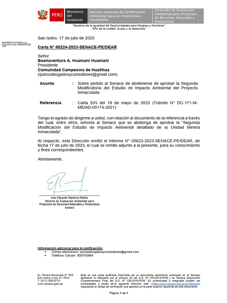 Signed Stamped Carta 00224 2023 SENACE PE DEAR1 | PDF