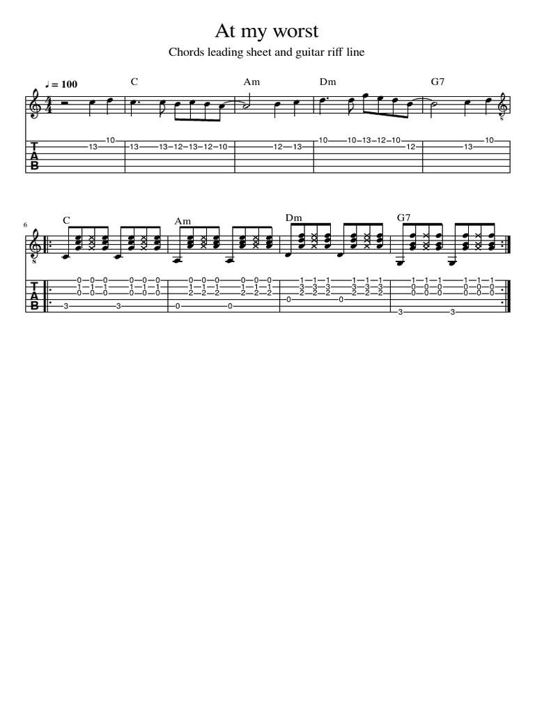 Guitar Chords for "At My Worst" | PDF | Lead Sheet | Harmony