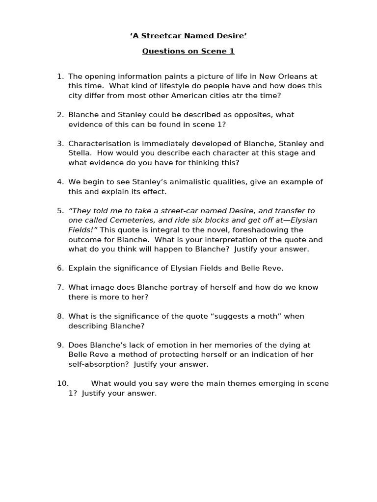 A Streetcar Named Desire Questions Scene 1 | PDF