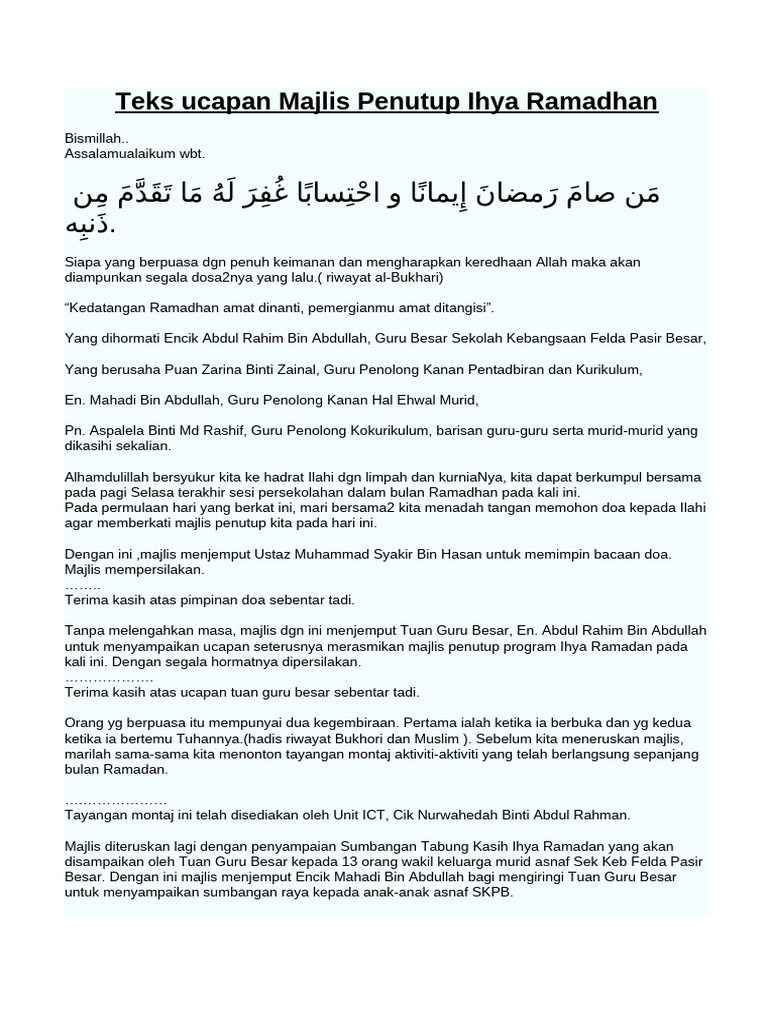 Teks ucapan Majlis Penutup Ihya Ramadhan | PDF