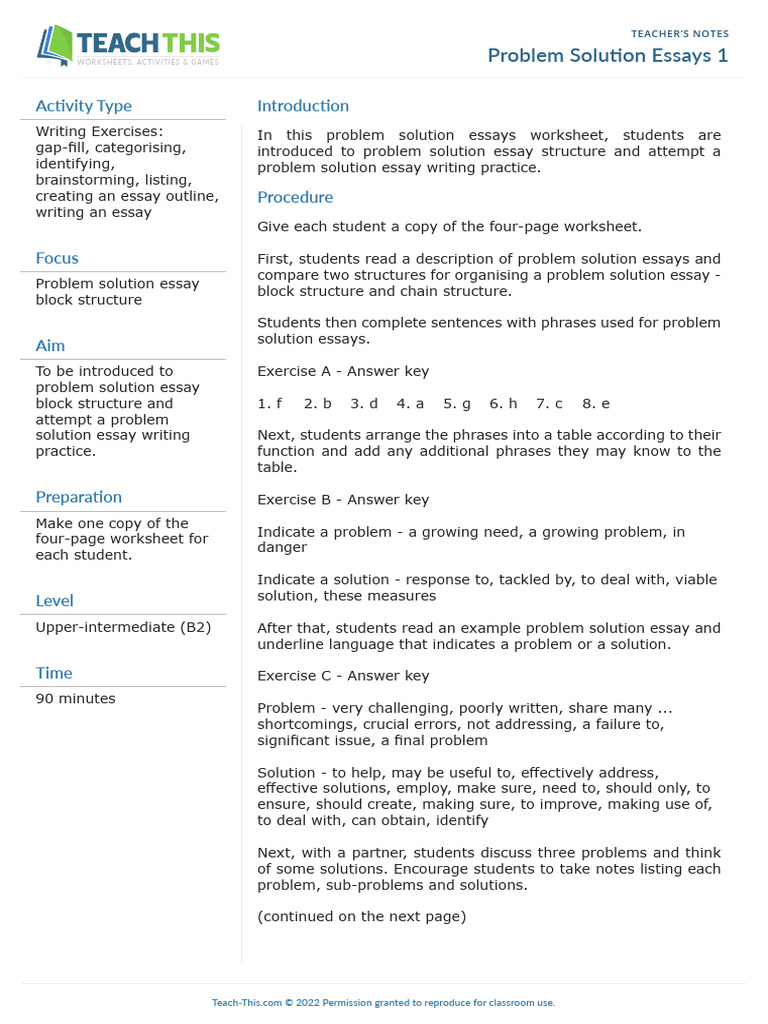 Problem Solution Essays 1 | PDF