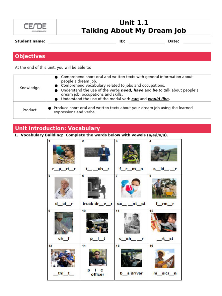 Unit 1.1 - Talking About My Dream Job | PDF