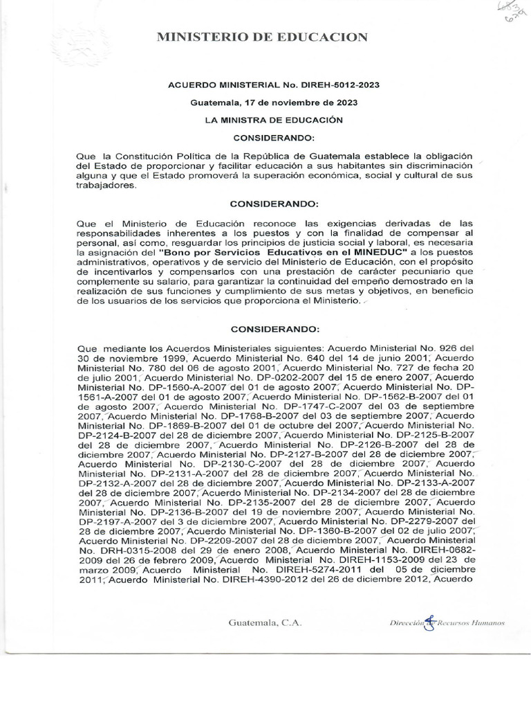 Acuerdo Ministerial No. Direh-5012-2023 Bono Por Srvicios Mineduc | PDF