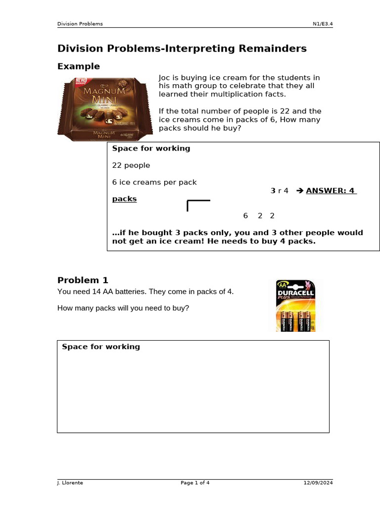 Division - Interpreting Remainders | PDF