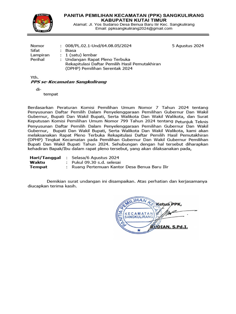 Undangan Pleno DPHP Pilkada 2024 | PDF