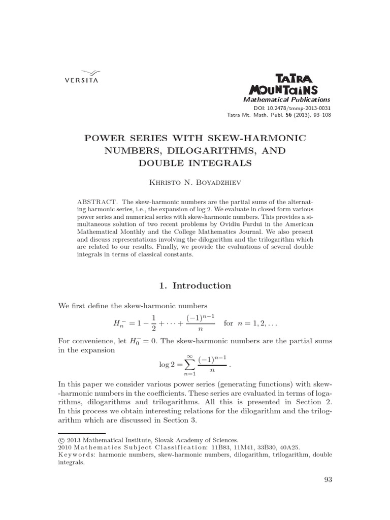 Power Series With Skew-Harmonic Numbers, Dilogarithms, and Double ...