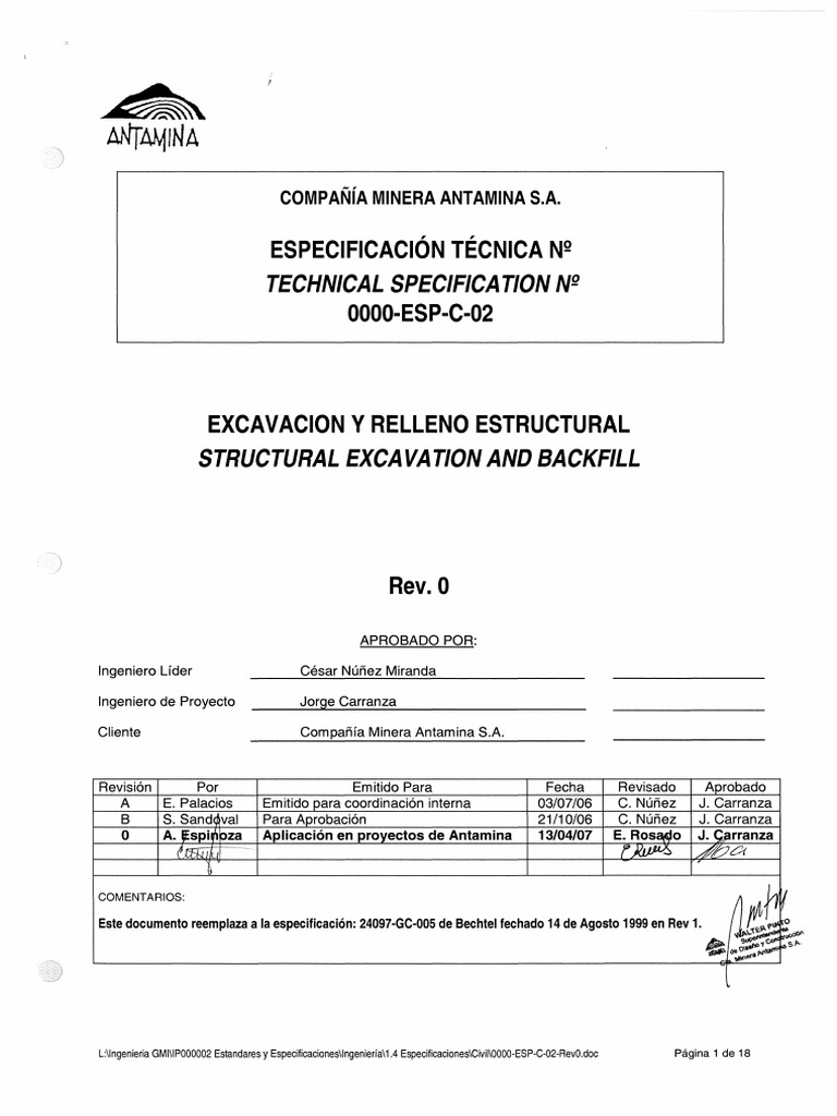 0000-ESP-C-02 Rev0 EXCAVACION Y RELLENO ESTRUCTURAL | PDF