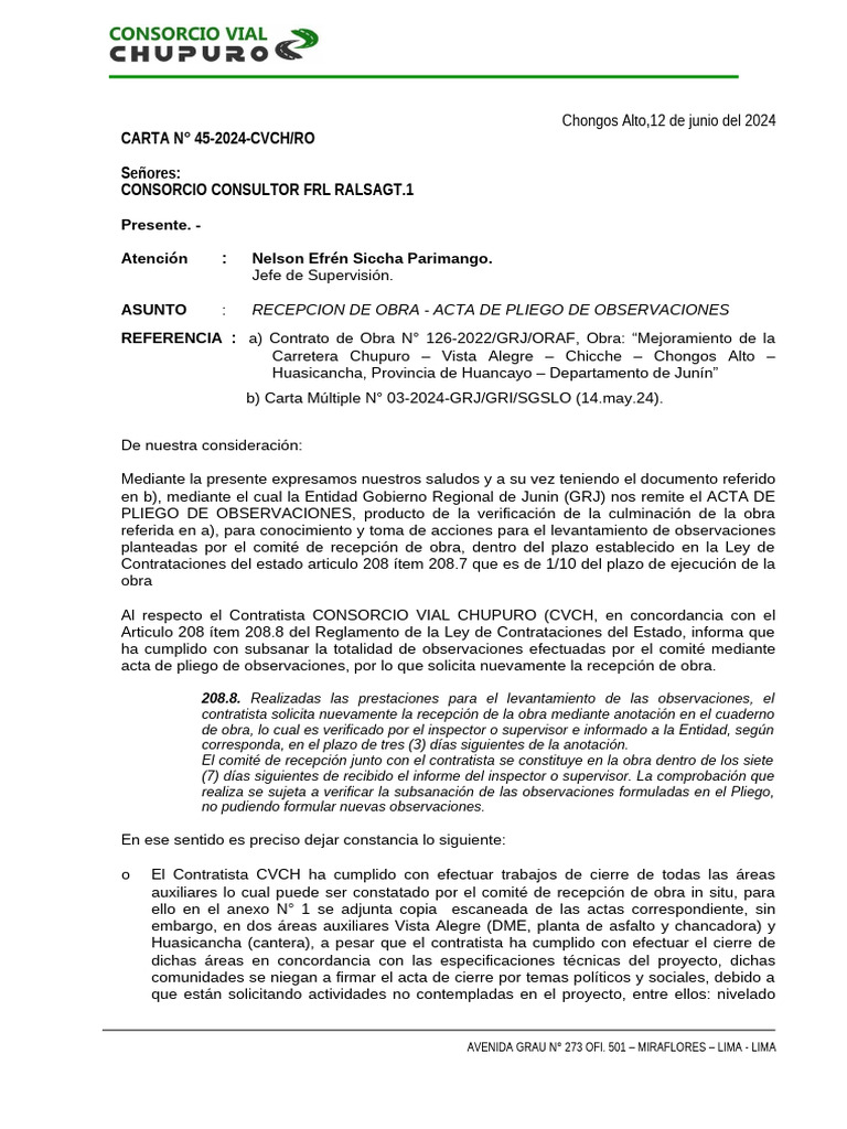 Carta 45-2024 - Recepcion de Obra (Corregida SMCG) | PDF