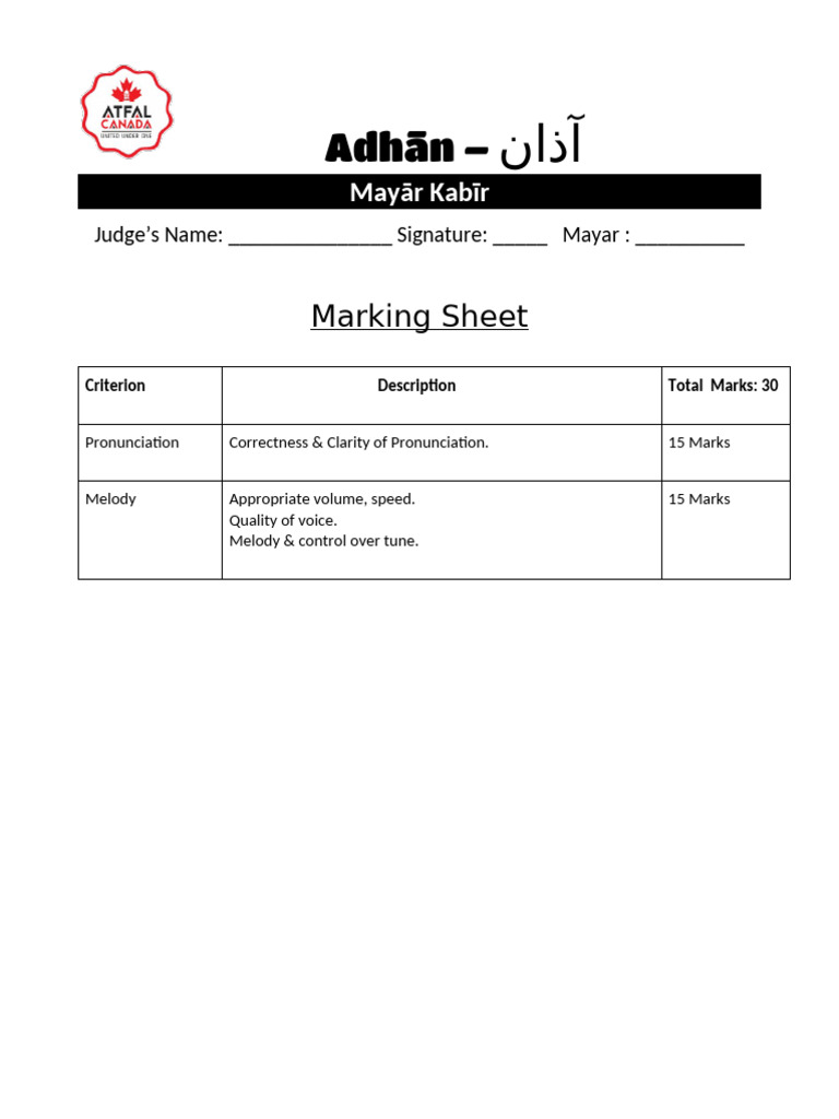 Adhan Marking Sheet - Docx 2024 | PDF