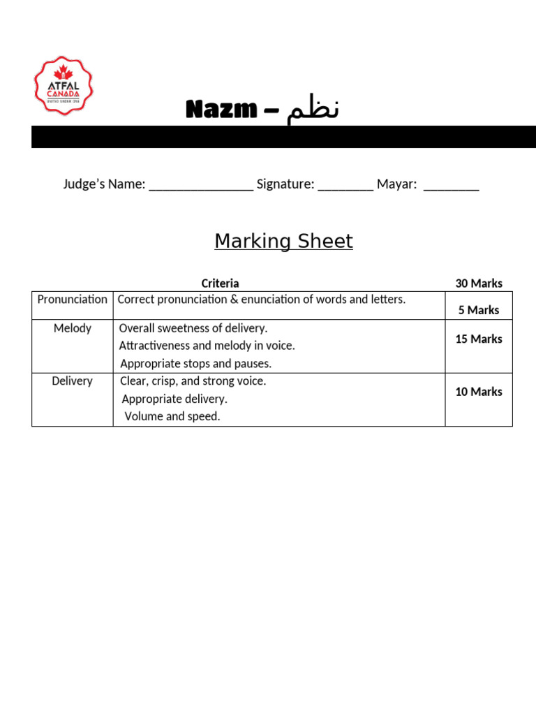 Nazm Marking Sheet .Docx 2024 | PDF