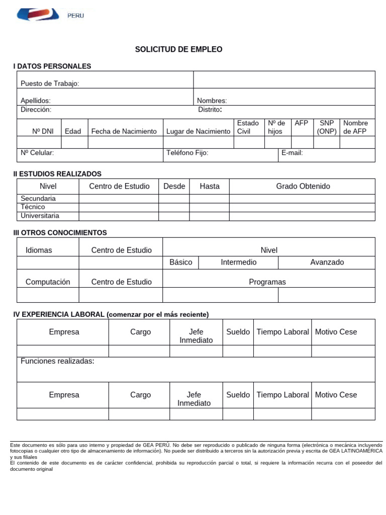 Formato Solicitud de Empleo - Gea | PDF
