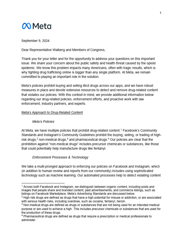 Letter From Meta To Rep. Walberg Et. Al. (09.09.2024) | PDF | Fentanyl ... Letter From Meta To Rep. Walberg Et. Al. (09.09.2024) | PDF | Fentanyl ...