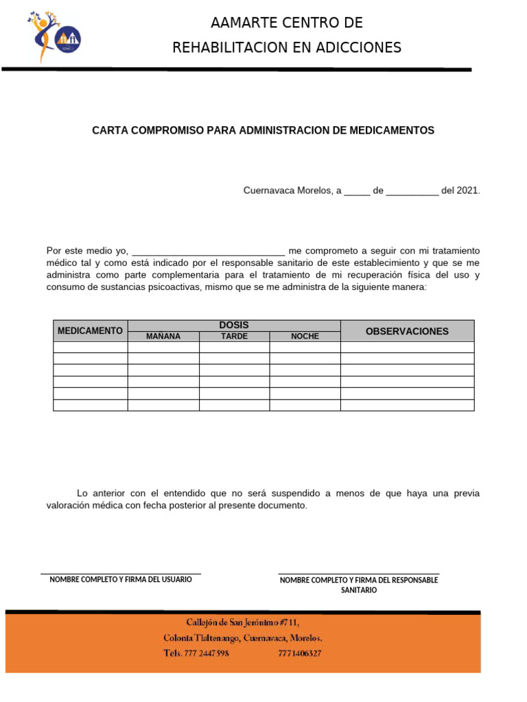 002 Carta Compromiso para Administracion de Medicamentos | PDF 002 Carta Compromiso para Administracion de Medicamentos | PDF