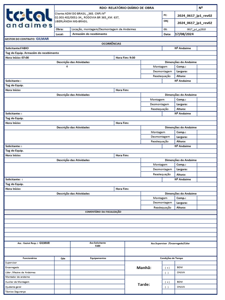 Gilmar: Rdo-Relatório Diário de Obra #2024 - 0617 - jp1 - Rev02 2024 - 0617 - jp1 - Rev02 | PDF