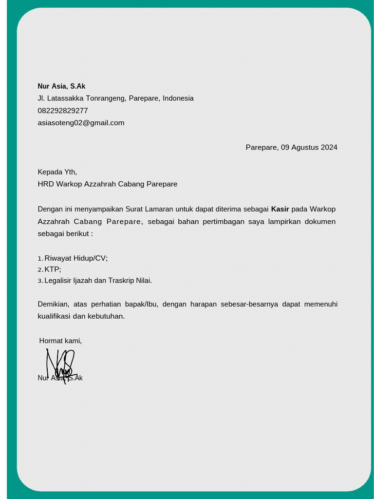 Lamaran Kerja Warkop Azzahrah | PDF