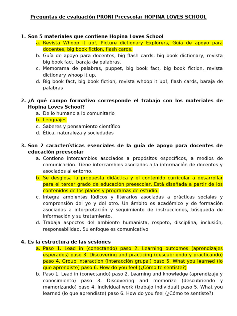 Preguntas de Evaluación PRONI Preescolar HOPINA LOVES SCHOOL | PDF