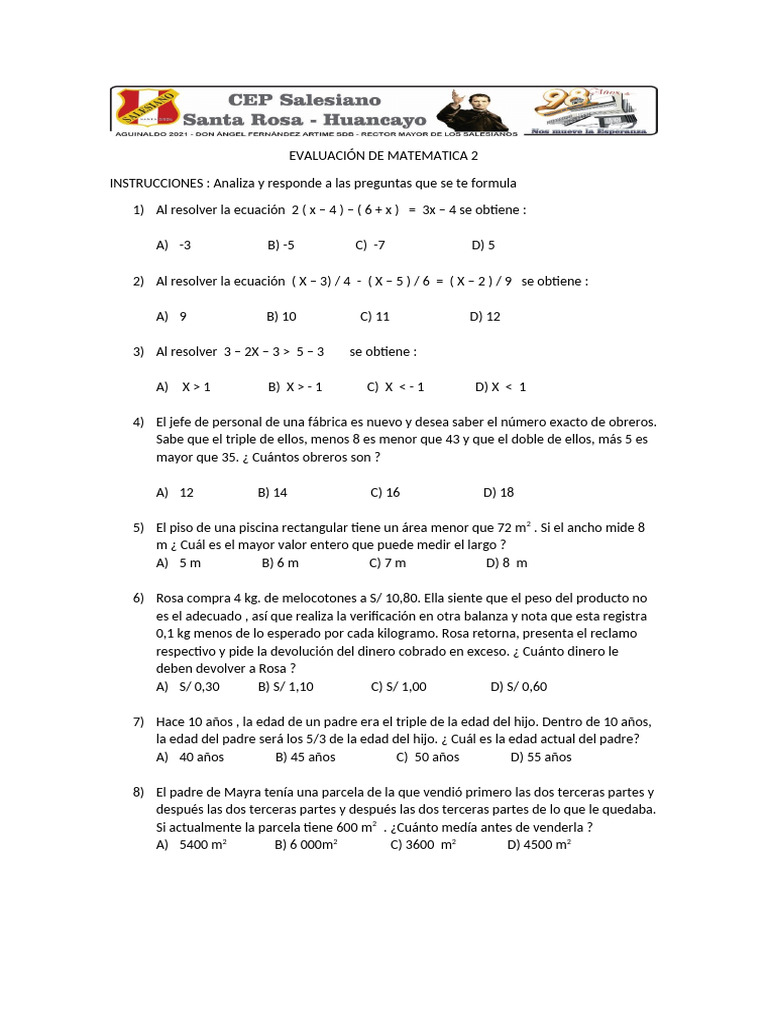 Evaluacion de Matematica 2 | PDF