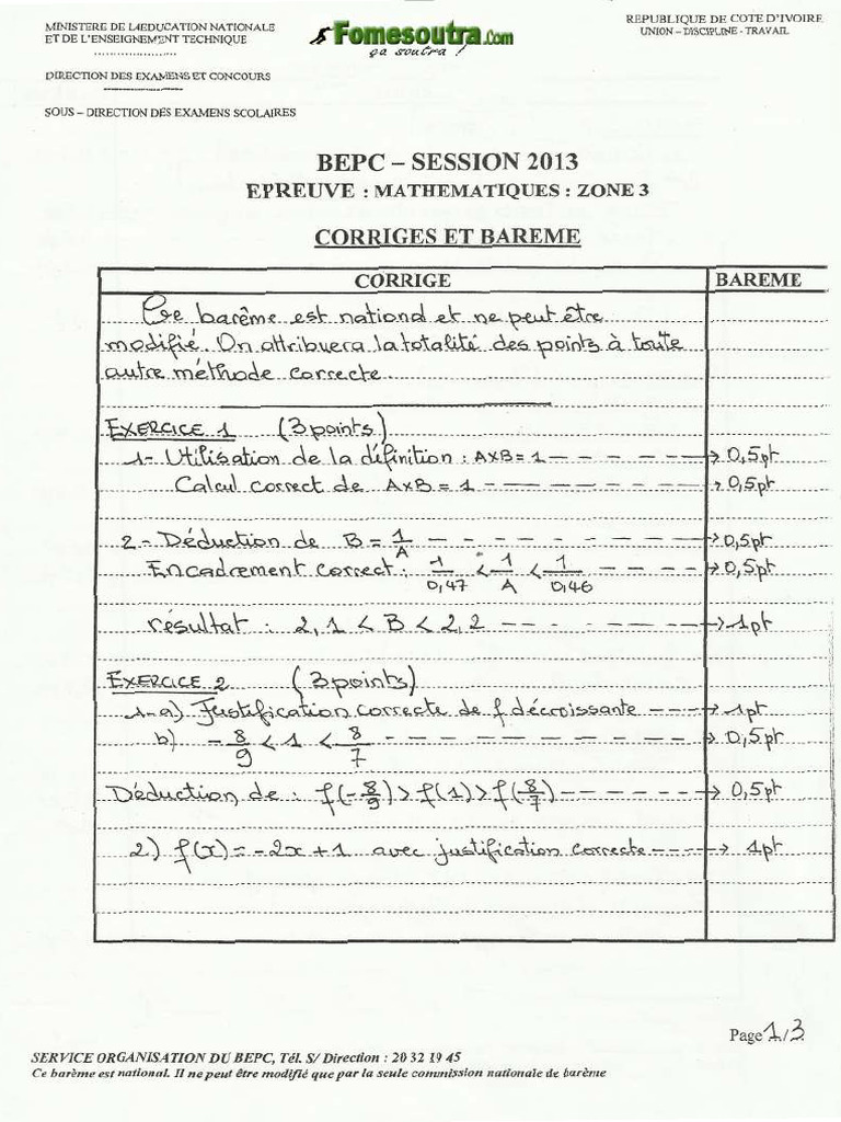 Corrigé_BEPC_Maths_Zone_3_2013 | PDF