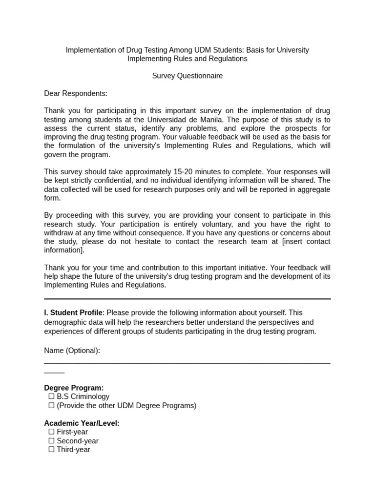 Survey Questionnaire UDM Drug Testing Study | PDF