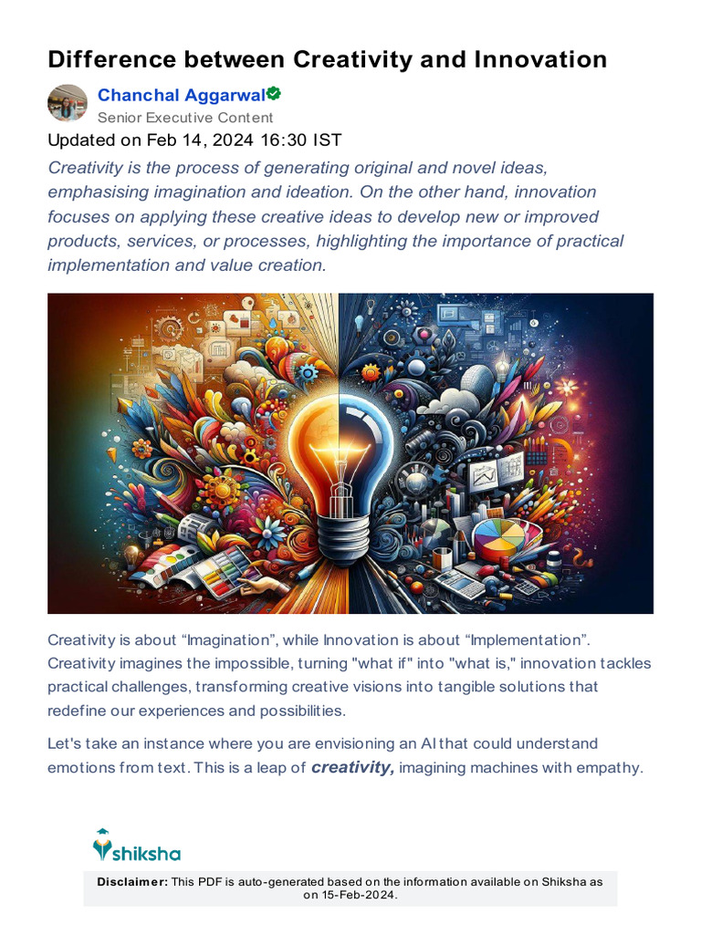 Difference Between Creativity and Innovation: Chanchal Aggarwal | PDF
