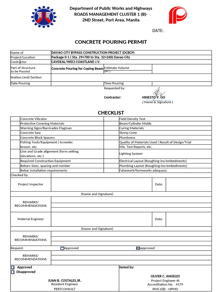 Wir-Concrete Pouring Permit | PDF | Deep Foundation | Concrete