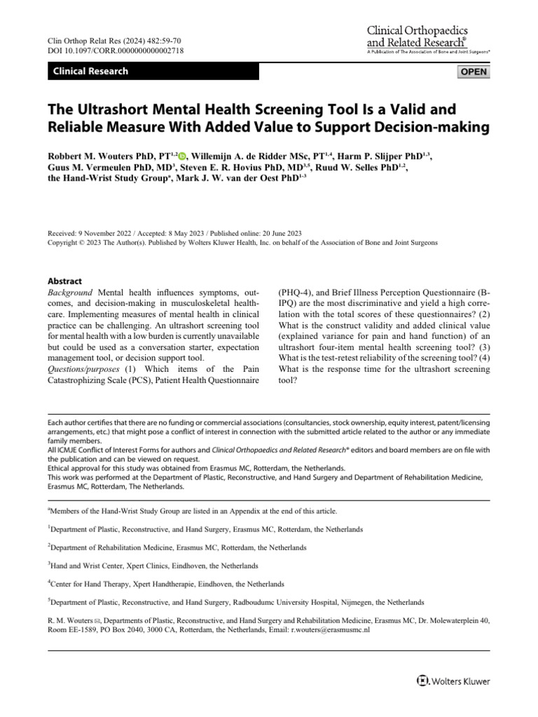 The Ultrashort Mental Health Screening Tool Is A.13 | PDF | Clinical ...