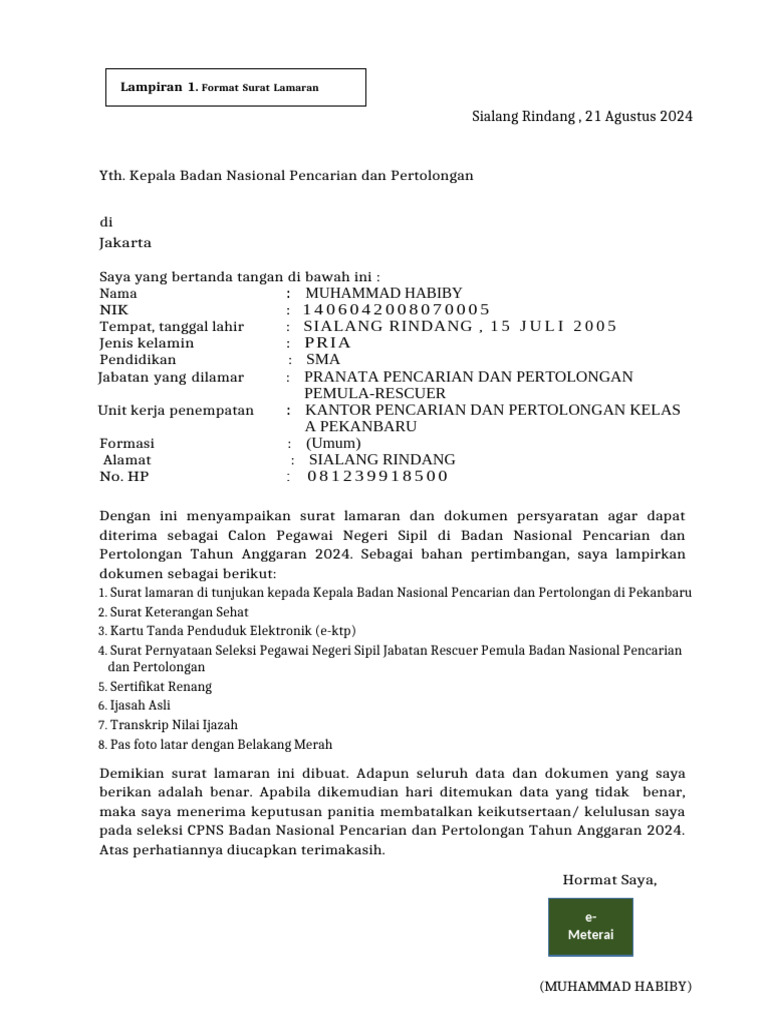 Lampiran 1. Format Surat Lamaran CPNS Basarnas. Habibi 3 | PDF