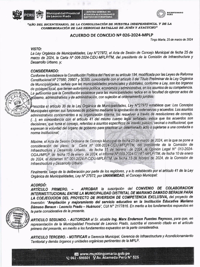 Acuerdo de Concejo #026-2024-MPLP | PDF