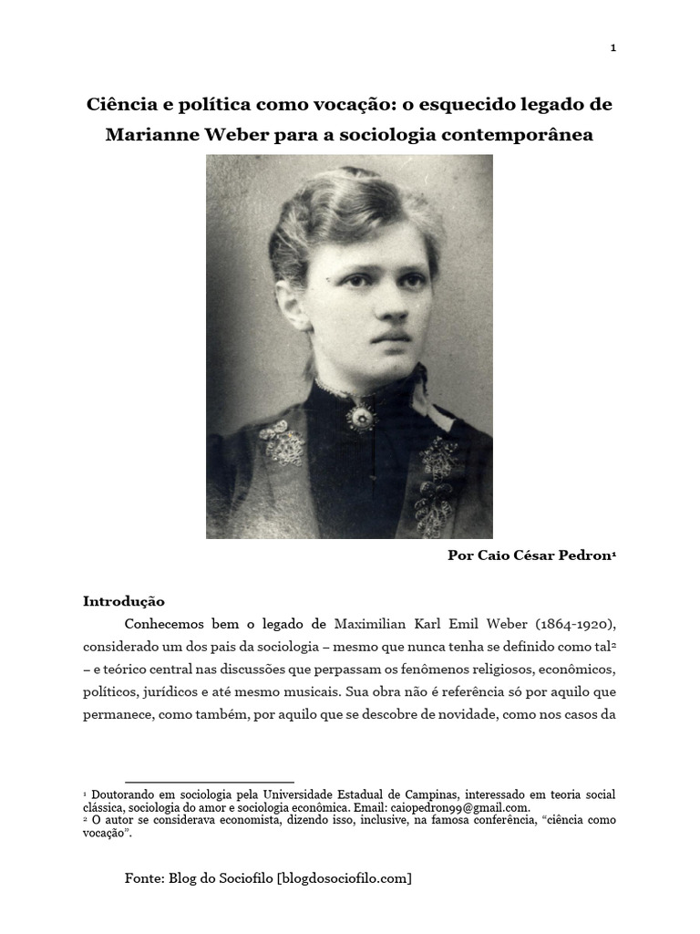 Ciência e Política Como Vocação o Esquecido Legado de Marianne Weber ...