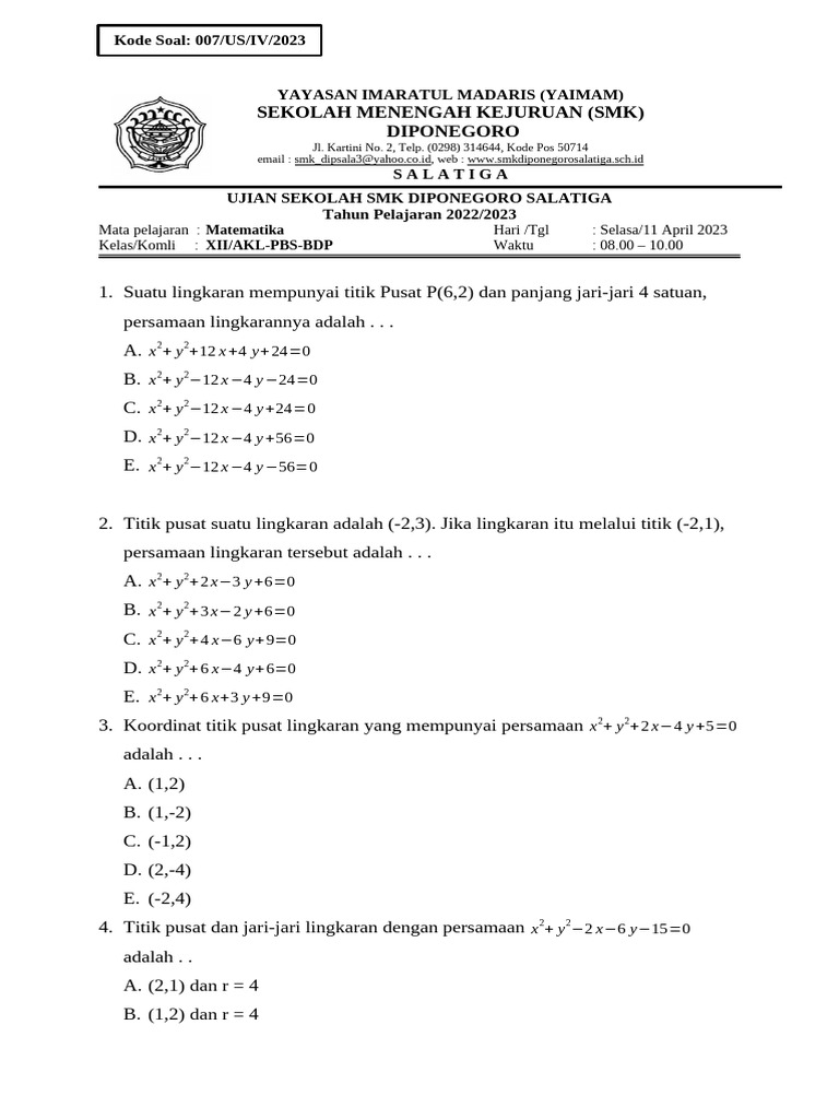 SOAL Ujian Sekolah MATEMATIKA | PDF