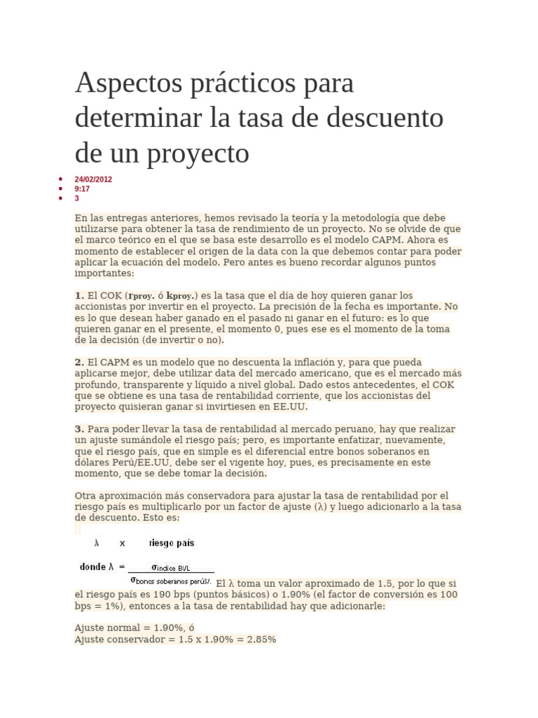 Aspectos Prácticos para Determinar La Tasa de Descuento de Un Proyecto ...