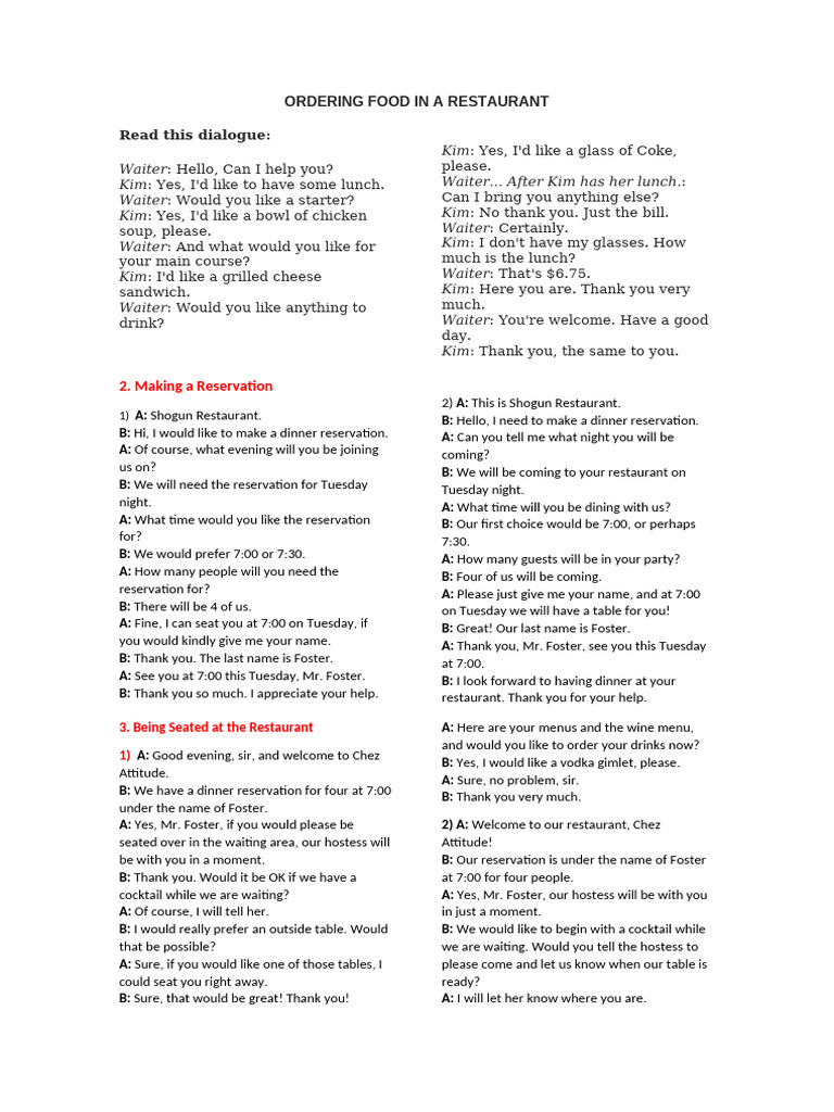 Conversation Ordering Foods | PDF