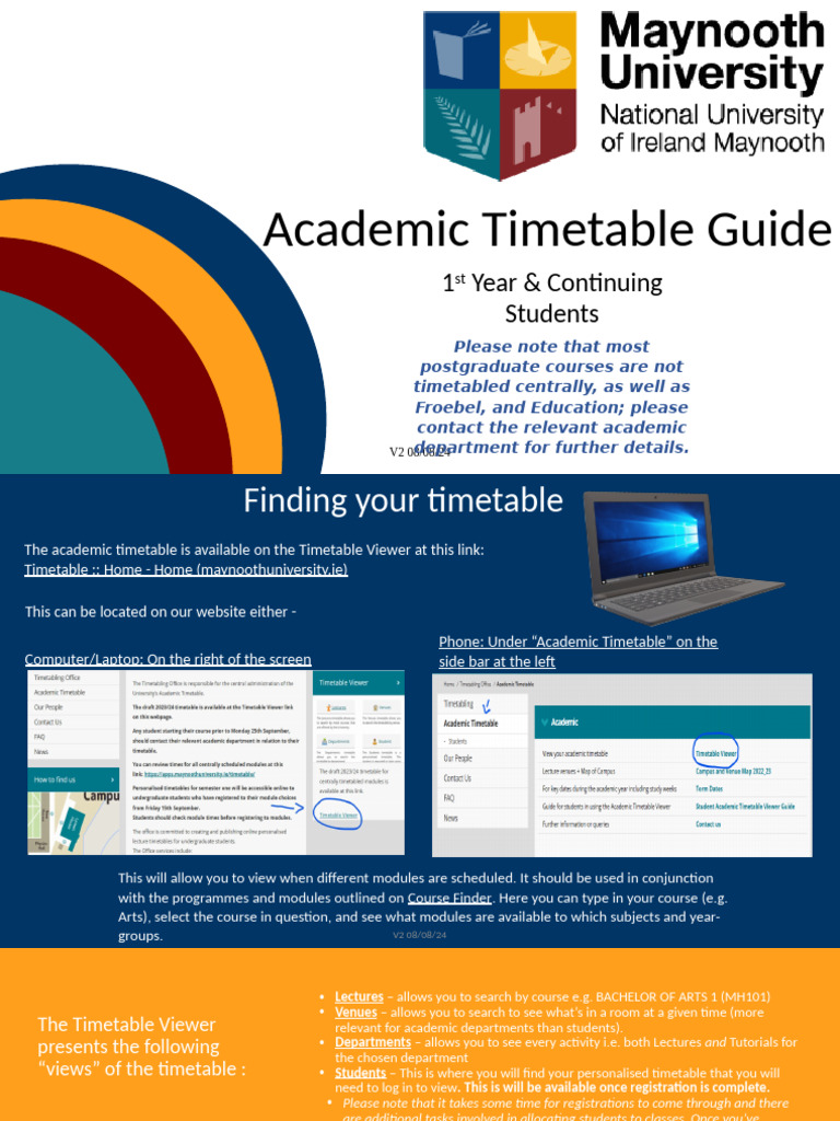 Timetable Guide 1st Years and Continuing Students Updated 2024 | PDF