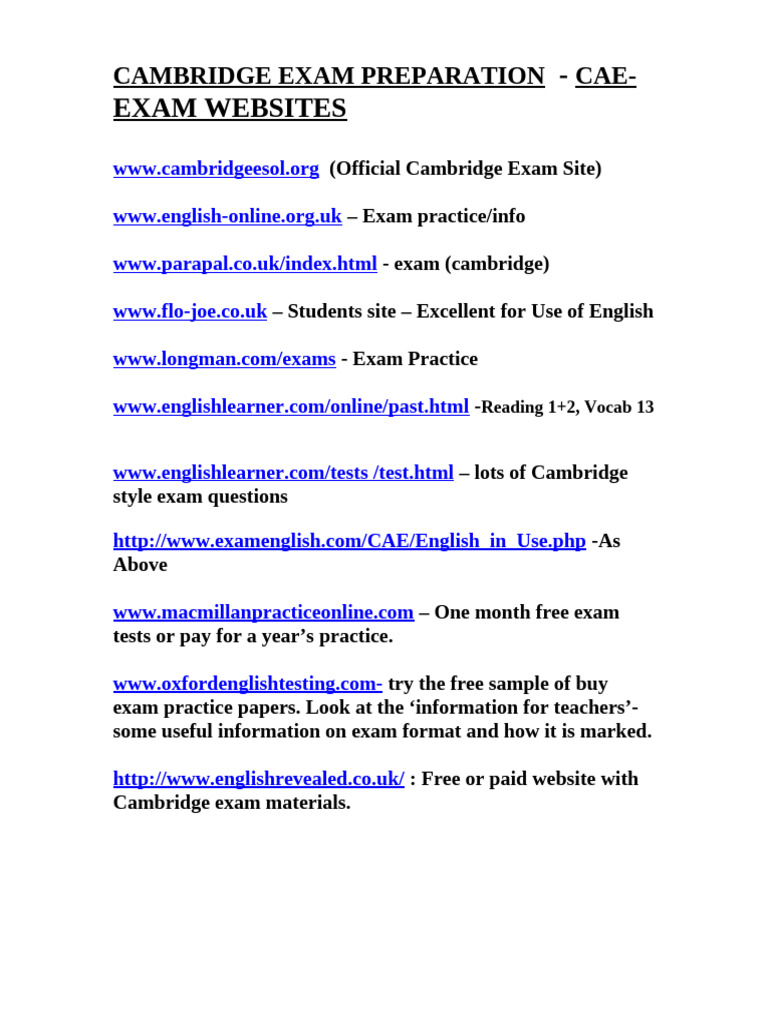 Cambridge - Cae Exam Websites | PDF