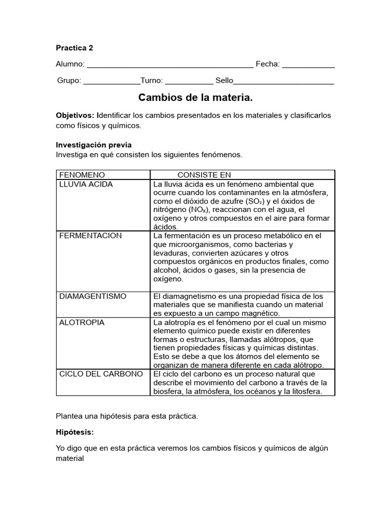 Cambios de La Materia.: Practica 2 | PDF
