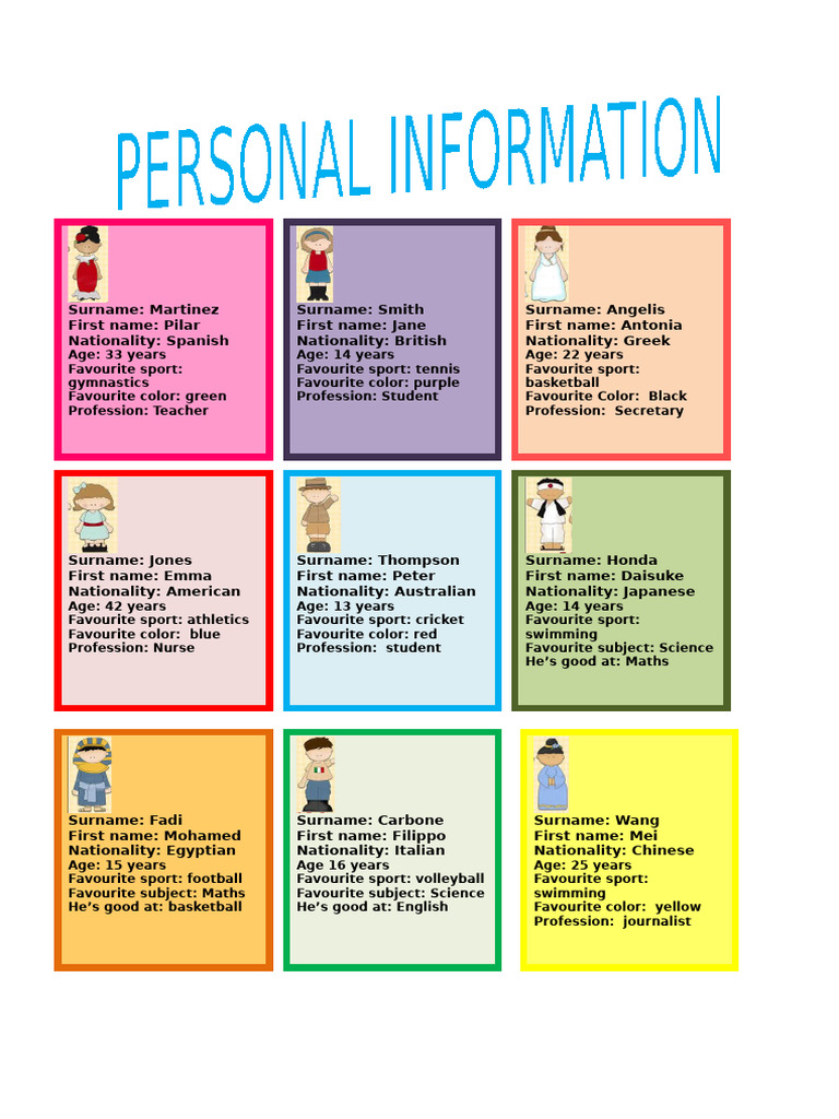 Personal Information Speaking Cards Conversation Topics Dialogs ...