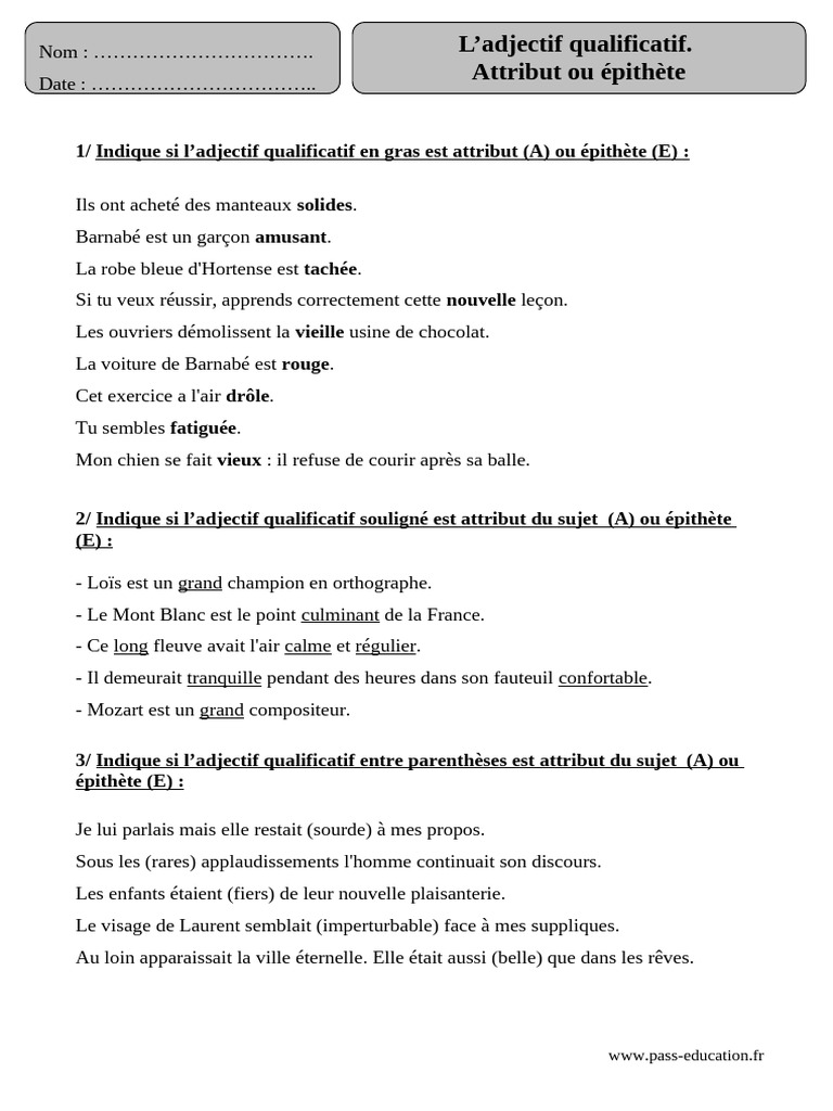 Adjectif Qualificatif Attribut Ou Épithète | PDF
