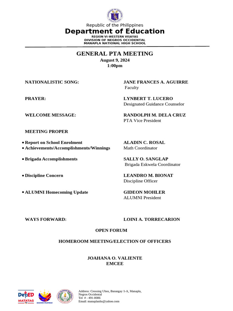 Manapla National High School PTA Meeting | PDF