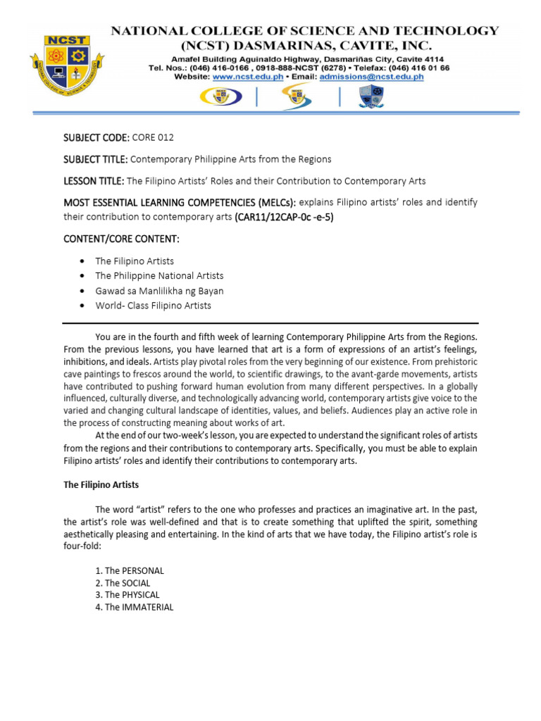 Q1. W4-5. The Filipino Artists' Roles and Their Contribution To ...