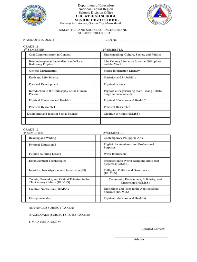 HUMSS Subject Checklist | PDF