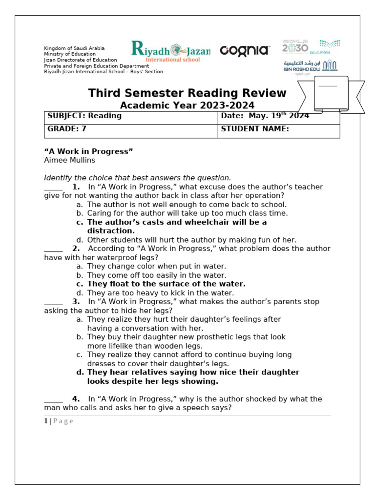 3rd Semester Final Reading Review 7 Answer Key | PDF