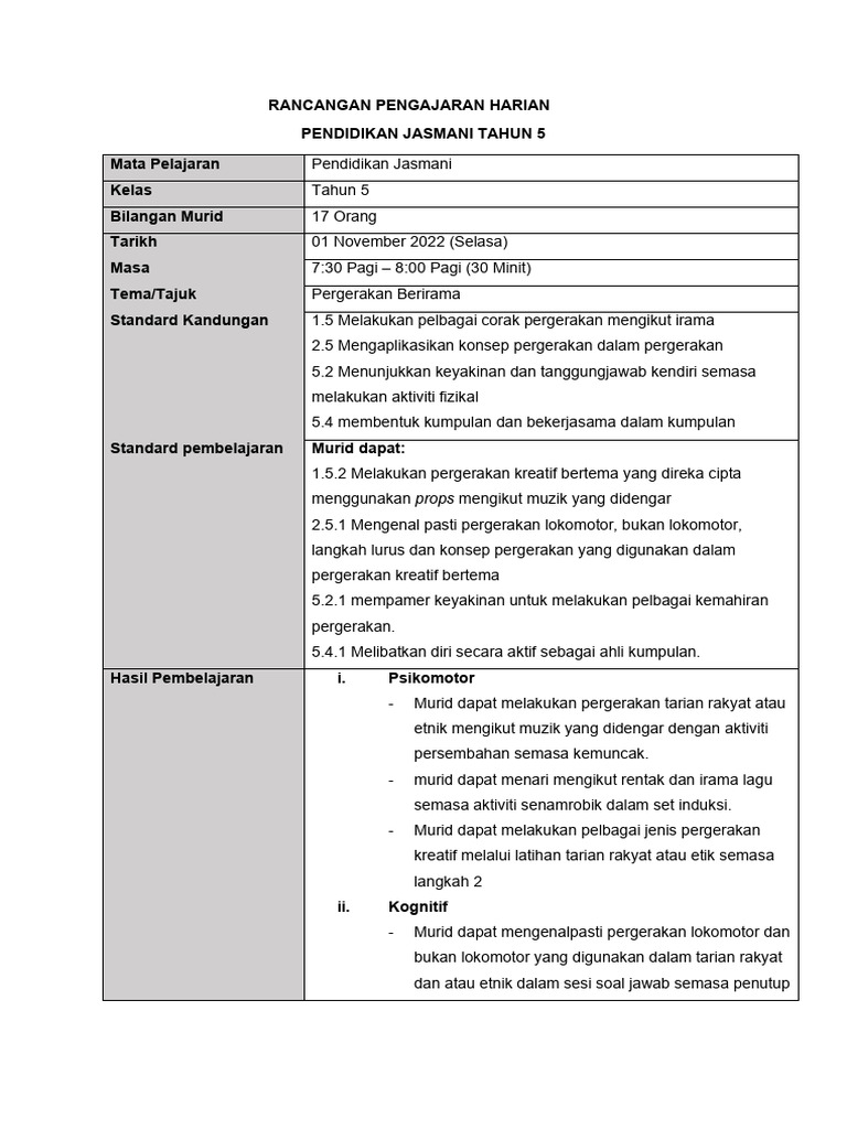 RANCANGAN PENGAJARAN HARIAN PJ TAHUN5 (2) | PDF