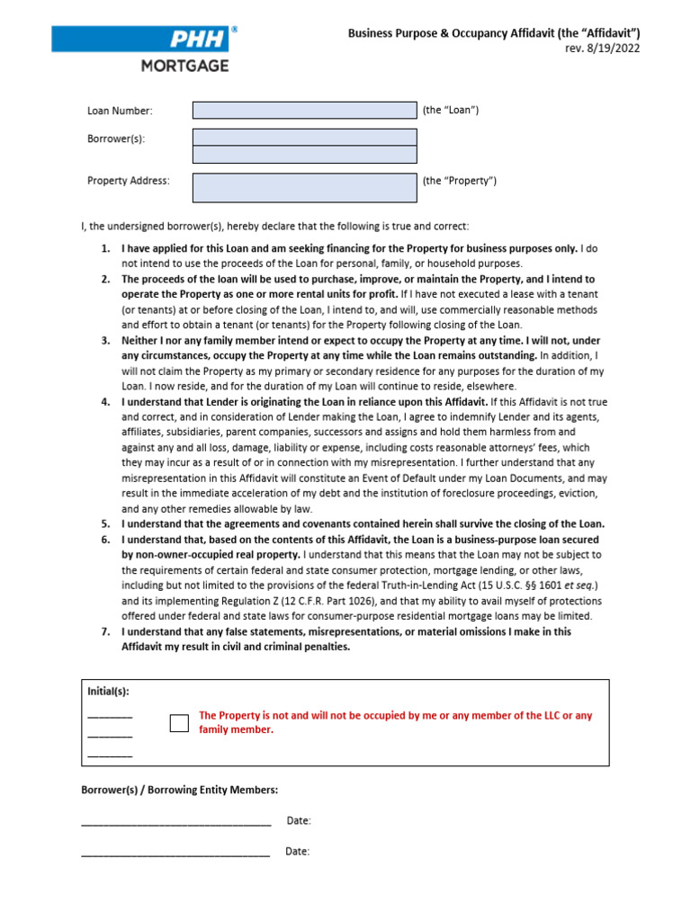 PHH - Business-Purpose-Occupancy-Affidavit | PDF