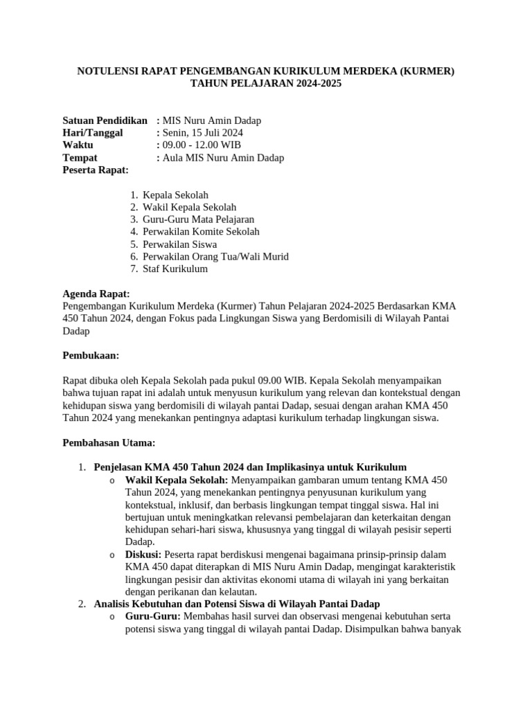 Notulensi Rapat Pengembangan Kurikulum Merdeka | PDF