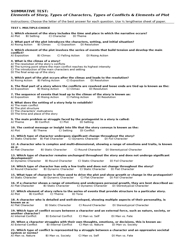 Quiz - Elements of Story, Types of Characters, Types of Conflicts | PDF