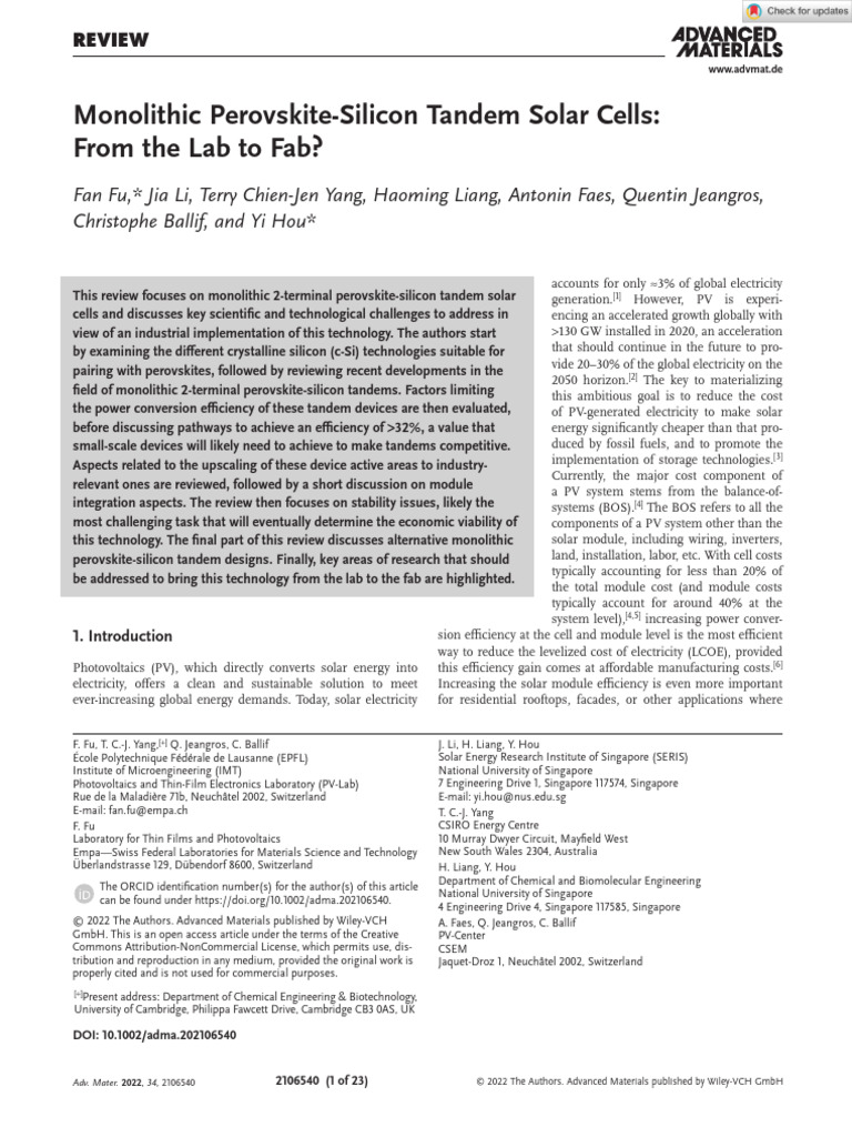 Advanced Materials - 2022 - Fu - Monolithic Perovskite Silicon Tandem Solar Cells From The Lab ...